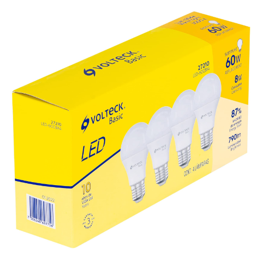 Pack de 4 lámparas de LED A19 8 W, luz cálida, caja, Basic - Grupo Caramu